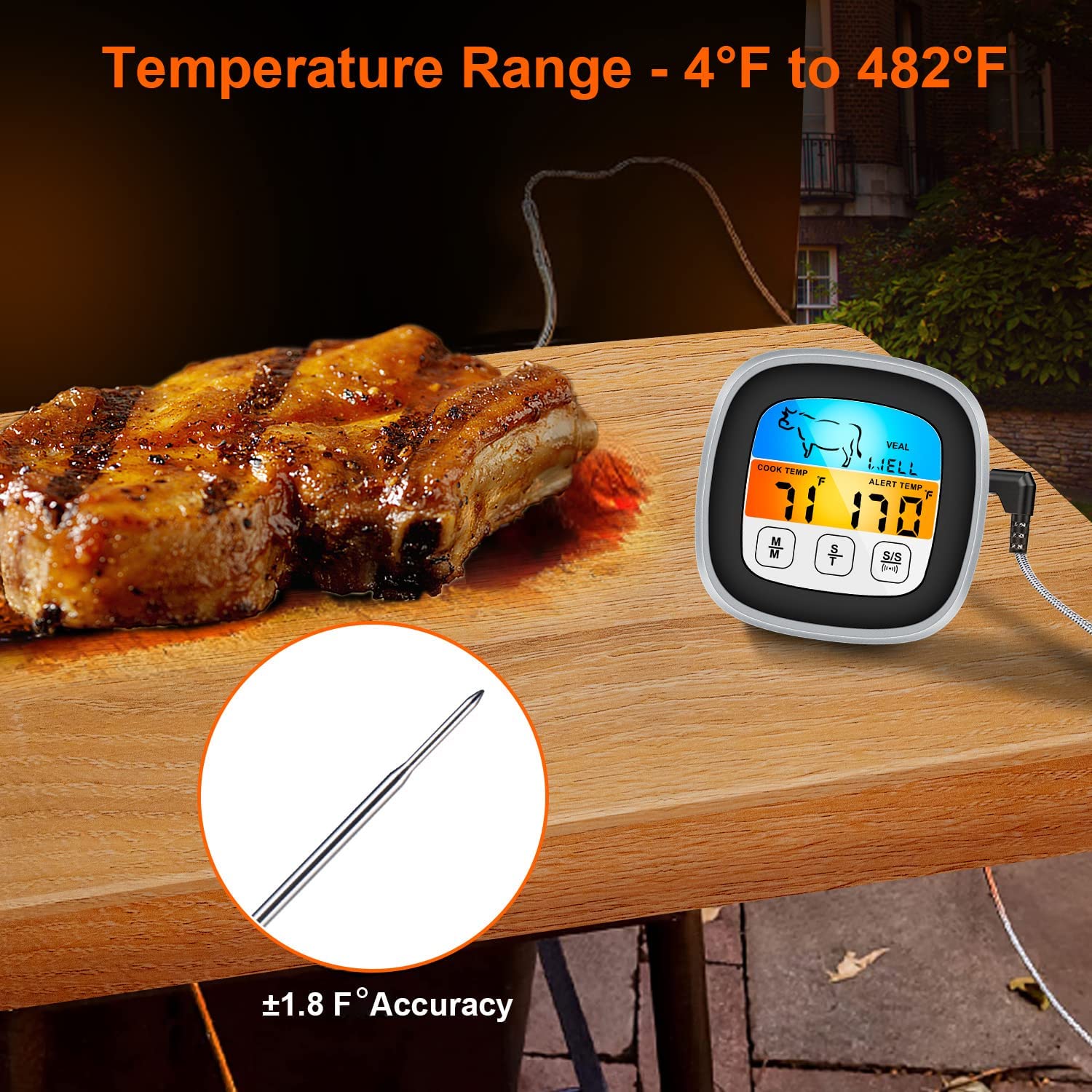 Instant Read Meat Thermometer Digital Thermometer, Professional Kitchen Cooking Thermometer for Grilling, Food Thermometer with Alarm Touch Screen IPX7 Waterproof Probe, Food Grade Material, 1 Pack