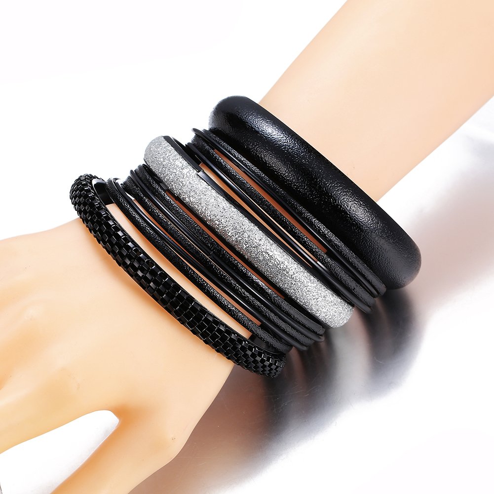 Ensoul Black W/Silver Glitter Multiple Metal Bracelets & Bangles Set For Women 12Pcs/Set