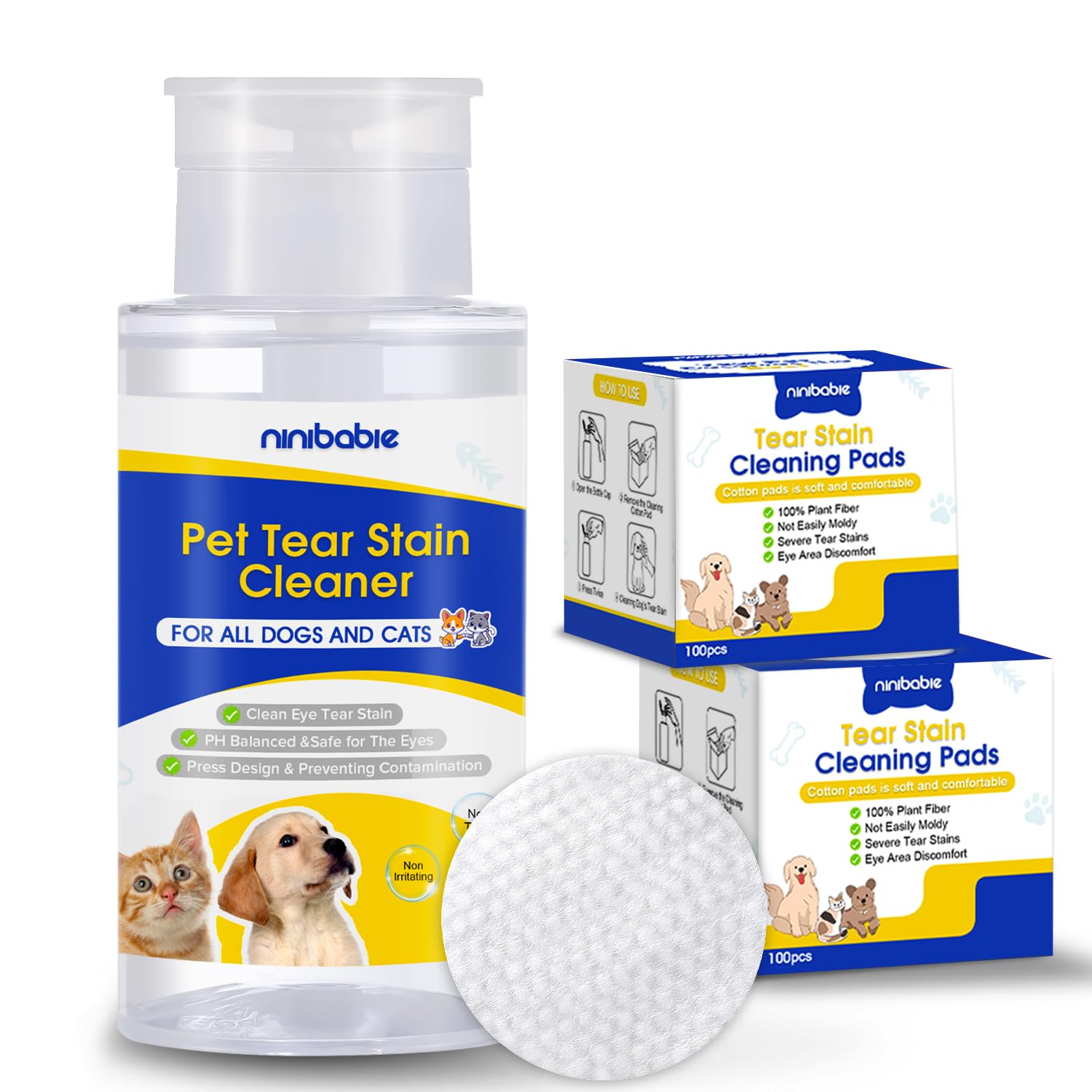 Ninibabie Tear Stain Cleaner for Dogs and Cats,Gently Remove Tear Stain,Eye Debris,Mucus Secretions with 200Pcs Eye Dry Wipes,Eye Cleaner Dry Pads,Not Easily Evaporated