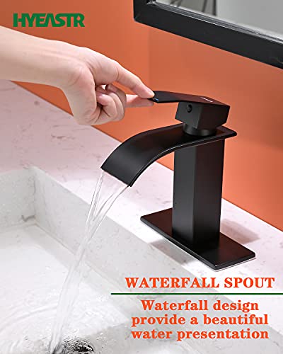 HYEASTR Waterfall Bathroom Faucet Single Handle Bathroom Sink Faucet with Overflow Pop Up Drain & Supply Lines Matte Black 1 Hole