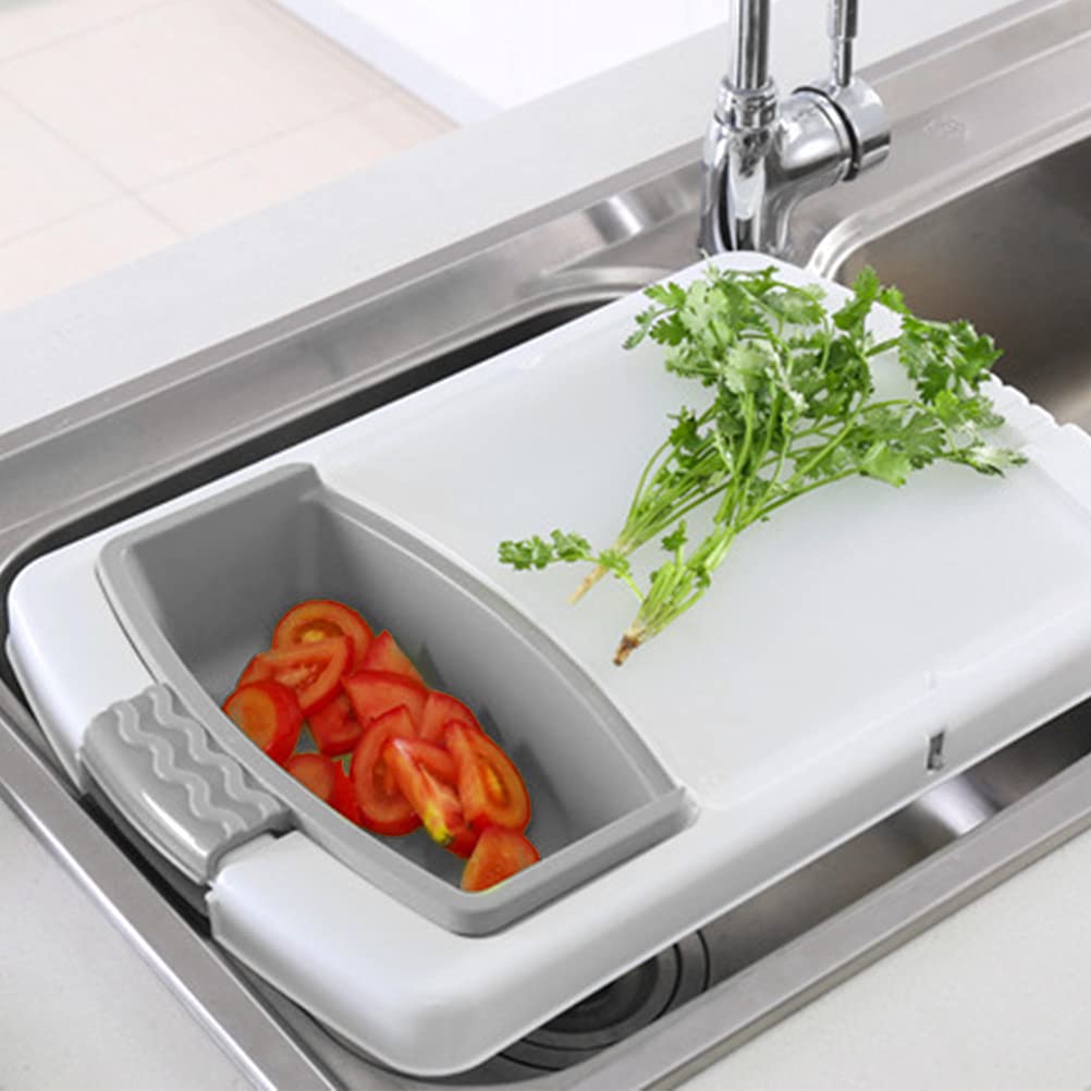 FOCCTS Multi-function Kitchen Cutting Board, Over the Sink Cutting Board with Strainer/ Colander, 3 in 1 Plastic Cutting Chopping Board with Drain Basket for Easier to Cut,Rinse,Hold and Drain Food