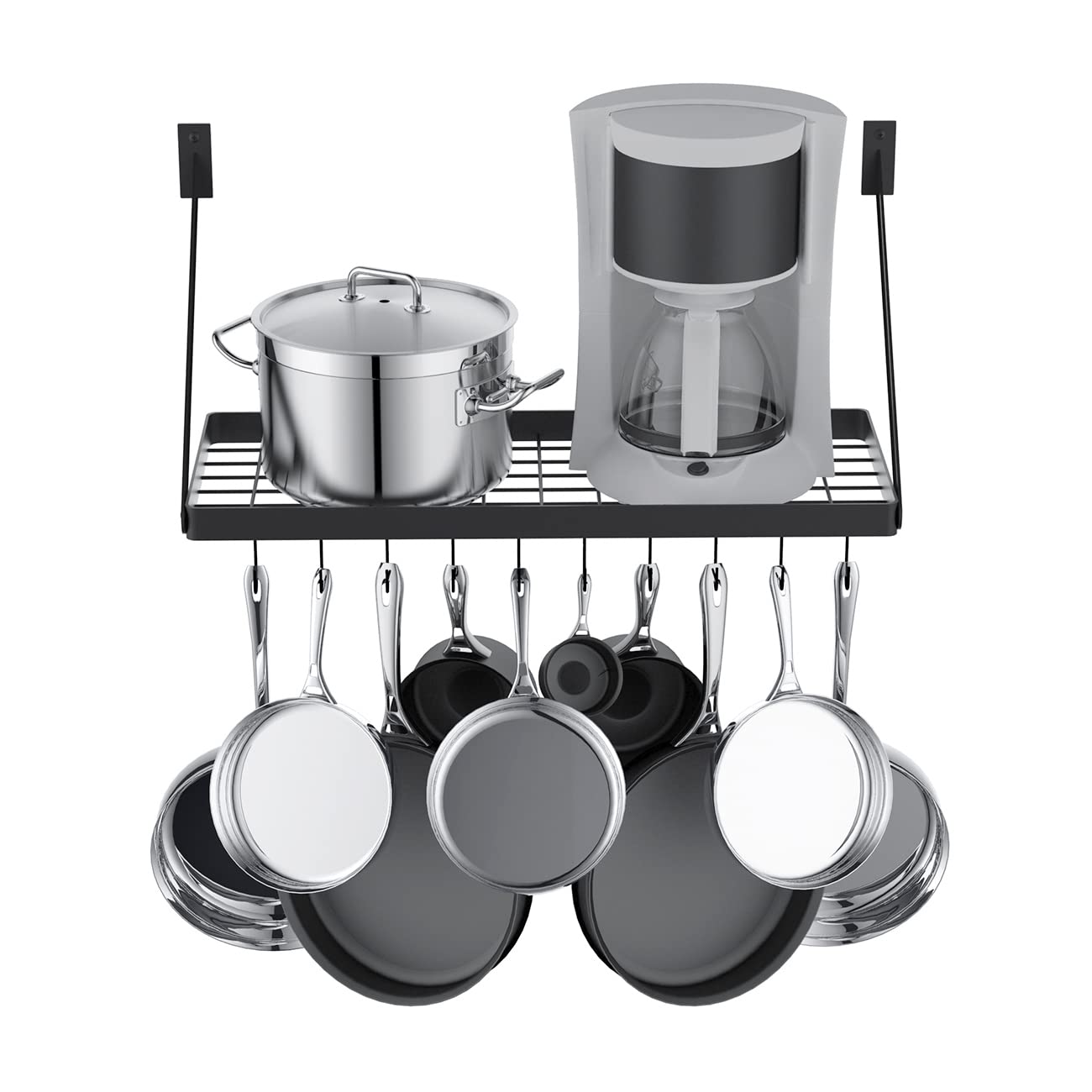 Hoooh Square Grid Wall Mount Pot Rack Storage Shelf with 10 Hooks, Kitchen Cookware Hanging Organizer, Black, KPR301A-BK