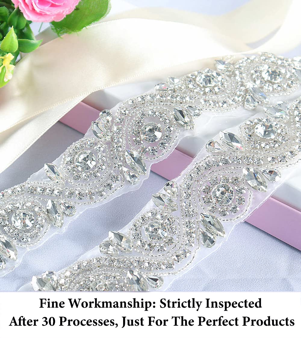 DUOBAO Wedding Belt Rhinestone Applique Crystal Rhinestone Trim 1 Yard Wedding Dress Belt Girls Beaded Sash Belt Silver