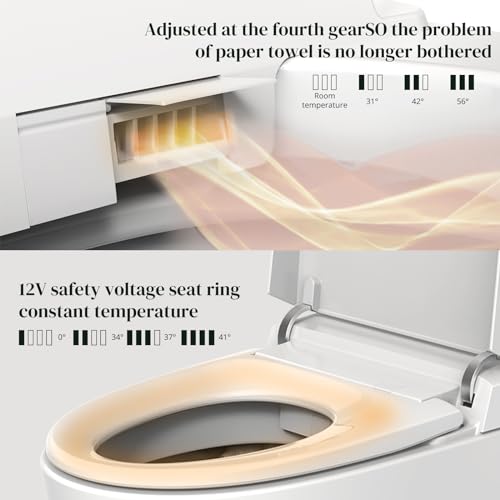 Smart Toilet, One-Piece Tankless Bidet Toilet with Auto Flush, Heated Seat, Auto Open & Close Lid, Foot Sensor, Warm Water Sprayer & Dryer, LED Nightlight, Remote and Knob Control for Janitorial