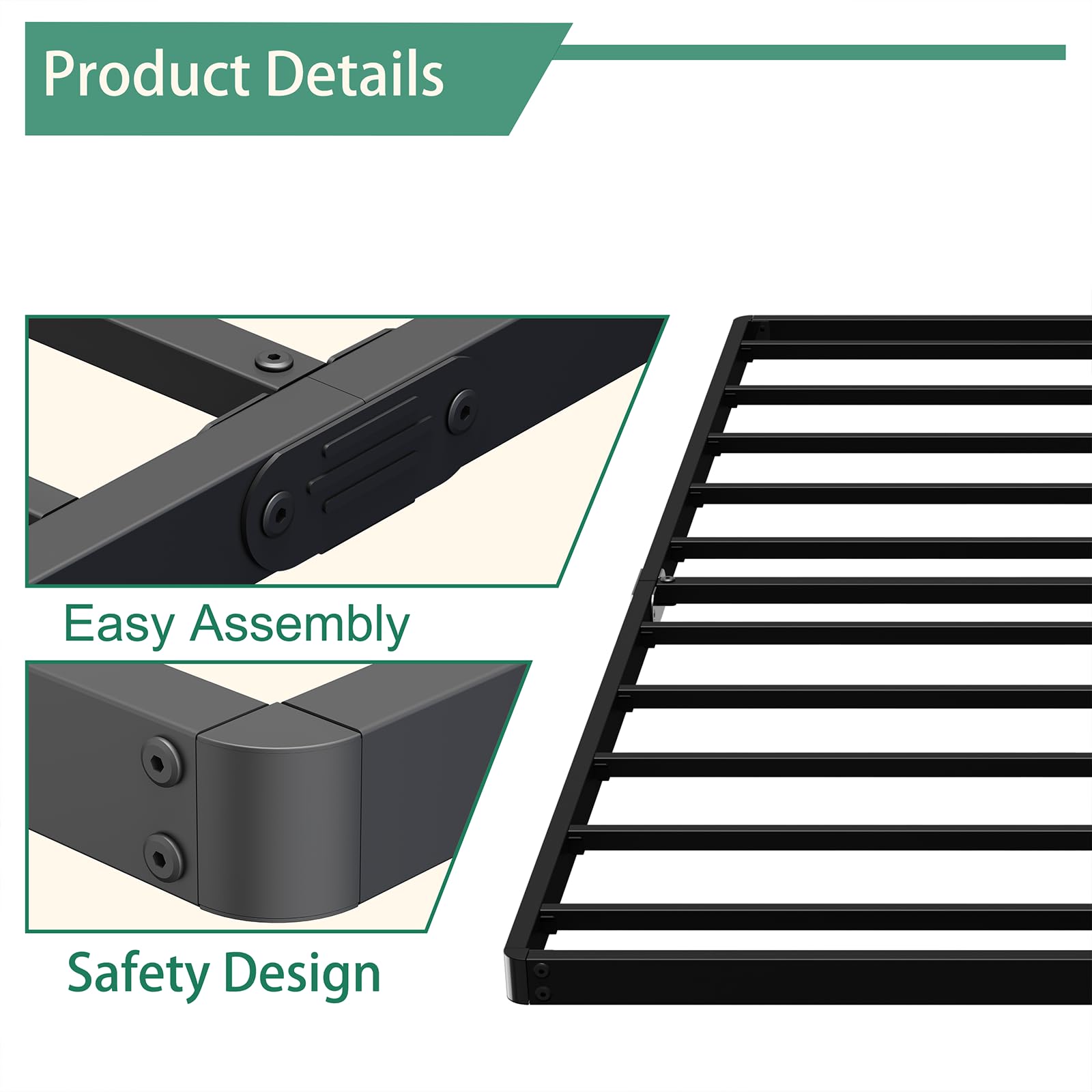 Woozuro 2 Inch Queen Bunkie-Board Only, Low Metal Box-Spring Frame with Steel Slats, Quick Lock Bed-Slat Replacement, Noise Free Mattress Surpoort Base, Upholstered Bed Frame Accessories, Black