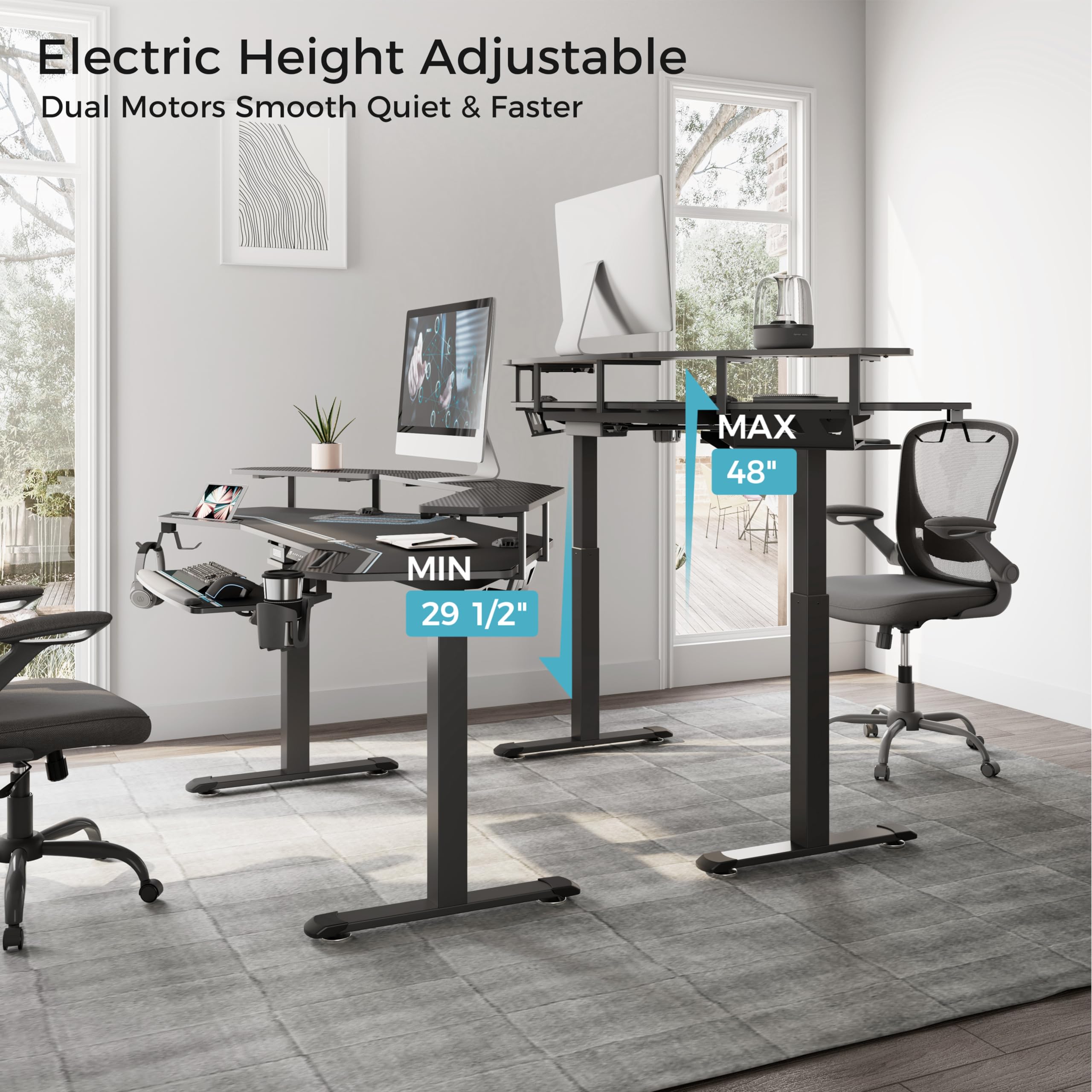 EUREKA ERGONOMIC Gaming Desk, Standing Desk Keyboard Tray, 72" Wing Shaped Music Studio Desk Electric Adjustable Height Desk Sit Stand Desk with LED Shelves, Gaming Recording Live Stream, Slot Design