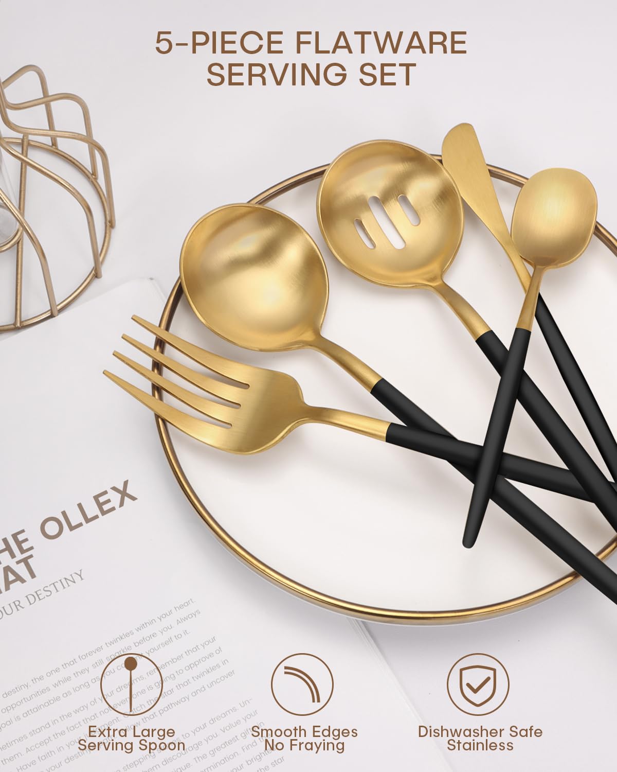 Ollex 5PCS Serving Utensils set include Serving Spoon, Slotted Spoon, Soup Spoon, Butter Knife and Sugar Spoon,Heavy Duty Stainless Steel Large Hostess Utensils Serving Set for Parties Buffet Banquet