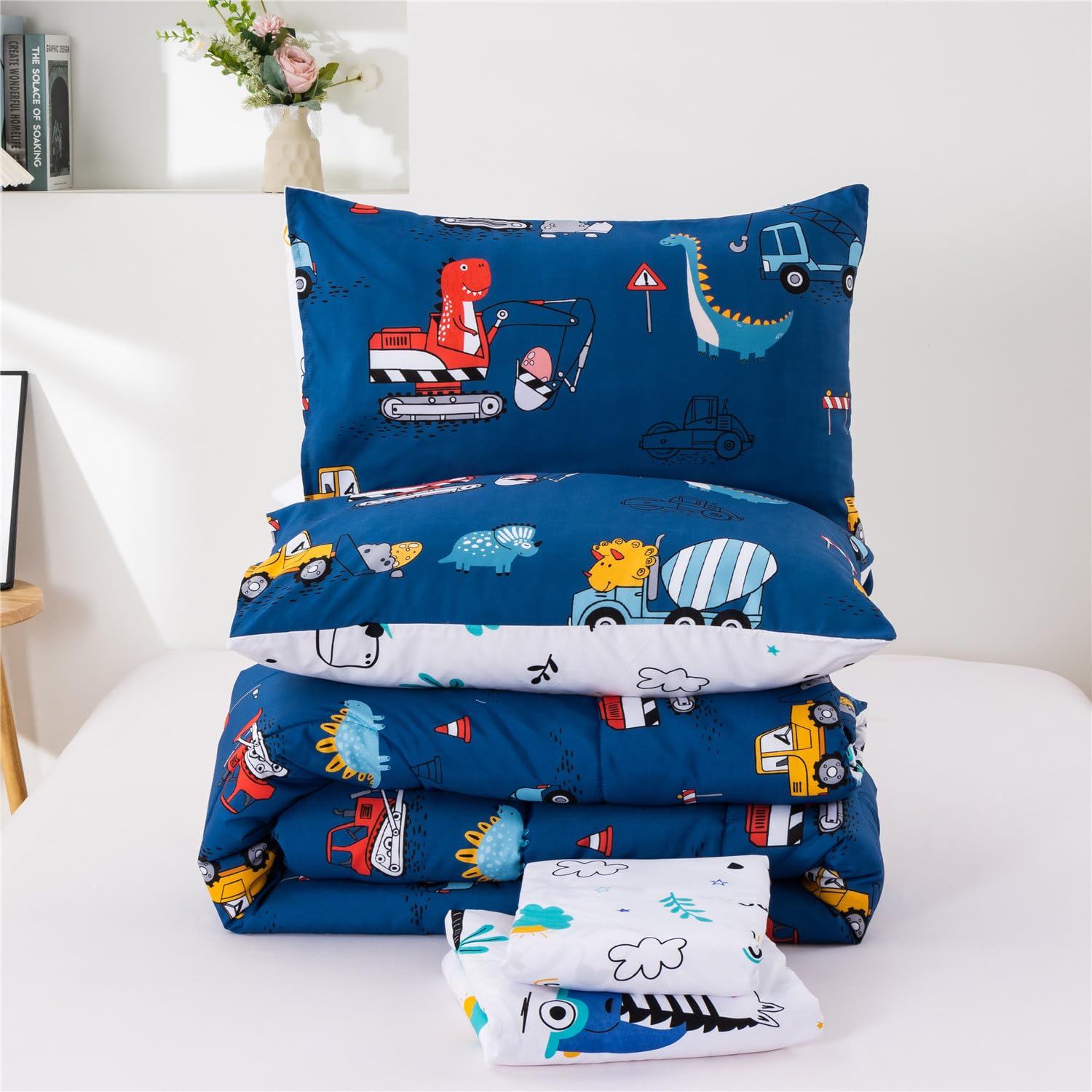 Meeting Story Construction Truck Car Twin Comforter Set for Boys,5 Pieces Dinosaur Bedding Set with Sheets and Pillowcases,Excavator Lightweight Microfiber Bedding Sets(Blue,Twin5pcs)
