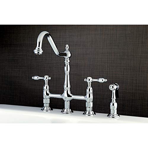 Kingston Brass KS1271TALBS Tudor 8 Inch Center Kitchen Faucet With Brass Sprayer, Polished Chrome, 8-3/4 inch in Spout Reach, Polished Chrome