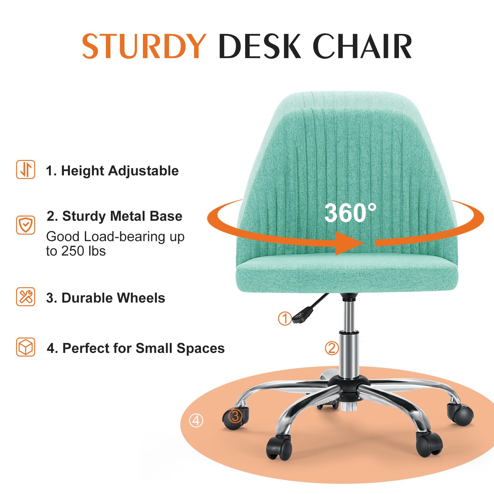 Sweetcrispy Armless Office Chair Modern Fabric Home Office Desk Chairs, Cute Desk Chair with Wheels Adjustable Swivel Task Computer Vanity Chair for Small Spaces