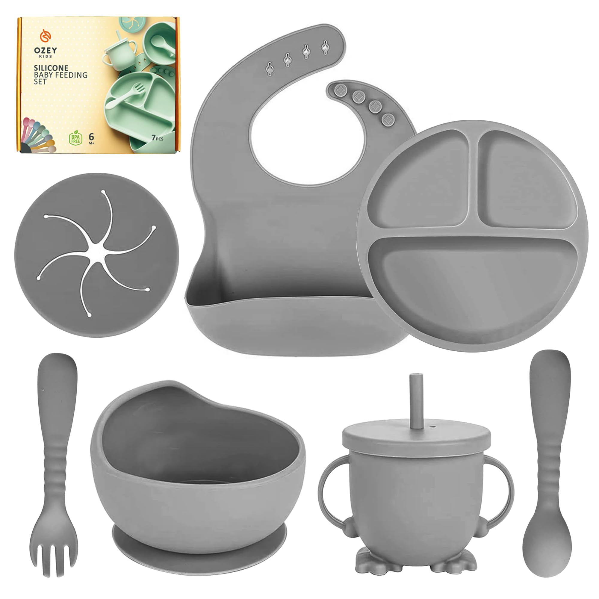 OZEY Silicone Baby Feeding Set: 100% Food Grade Baby Bib, Toddler Suction Plates and Bowls Set, Spoon, Fork, Cup, Straw-Baby Led Weaning Supplies (Grey), Small, Gray, 12232