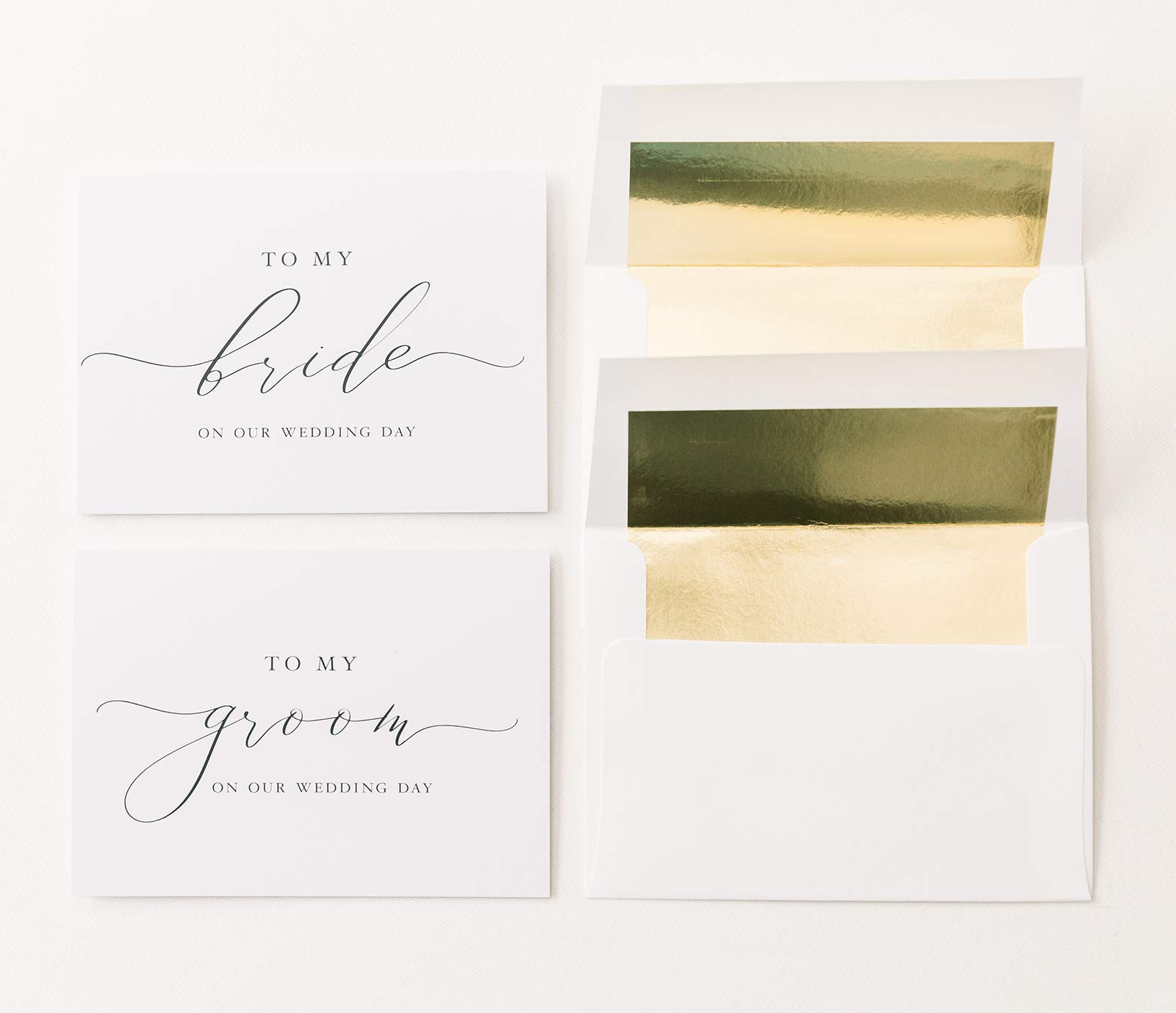 To My Bride To My Groom On Our Wedding Day Card 4x5.5 Folded White Card with Black Caligraphy with Gold Foil Lined Envelopes 2 Card Set Vow Cards Elegant Minimalist Style Wedding Cards