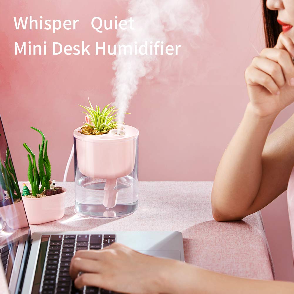 Desk Humidifier, USB Cool Mist Humidifier, Quiet Ultrasonic Mini Humidifiers for Bedroom Home Baby Office Car with Led Light,Timed Auto Shut Off, Lasts Up to 10 Hours (Artificial Plant Include) Pink