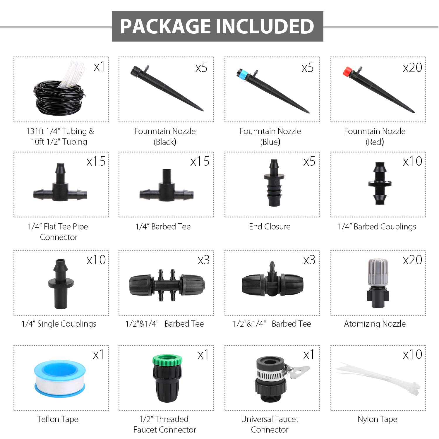 Flantor Garden Irrigation Kit,131ft 1/4" + 10ft 1/2" Drip Irrigation Kit Garden Irrigation System with Adjustable Nozzle Dripper Automatic Irrigation Equipment Set for Garden,Greenhouse, Patio,Lawn