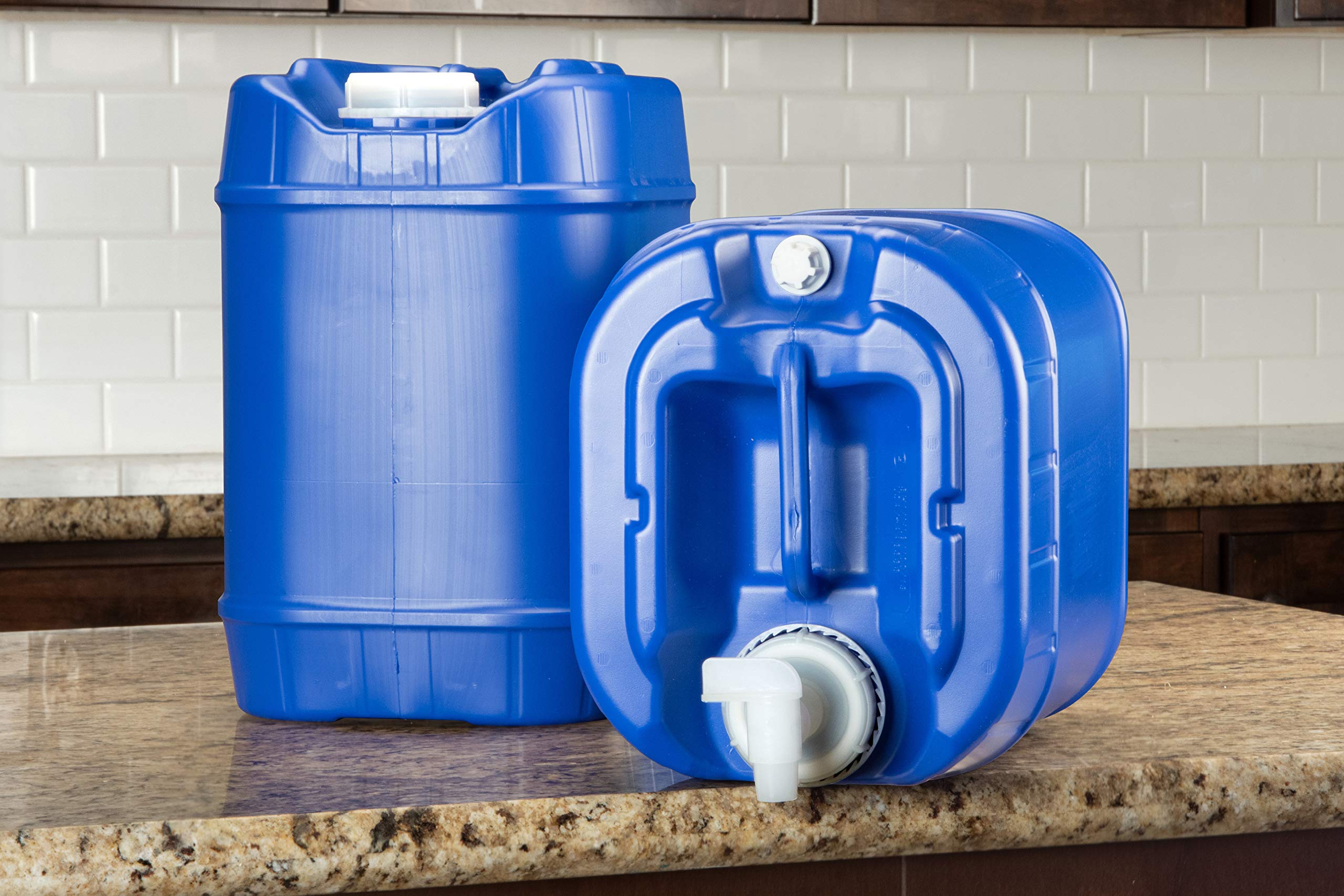 Emergency Water Storage 5 Gallon Water Tank - 20 Gallons (4 Tanks) - 5 Gallons Each w/Lids + Spigot & Water Treatment - Food Grade, Portable, Stackable, Easy Fill - Survival Supply Water Container