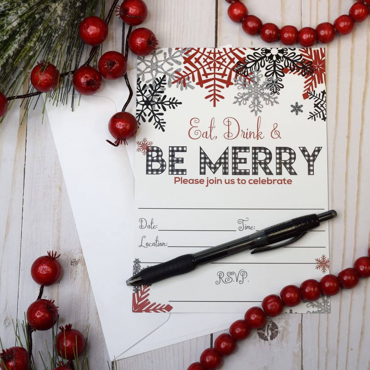 Eat Drink & Be Merry Snowflake Christmas Holiday Party Invitations, 20 5"x7" Fill In Cards with Twenty White Envelopes by AmandaCreation