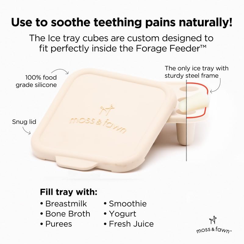 Moss and Fawn Baby’s First Bites Starter Kit – Ice Cube Tray, Forage Feeder, Freezer Mold & Pacifier Feeder – Milestone Magnet for Food Tracking & Feeding Tips – Baby Food Prep Essentials - Ecru