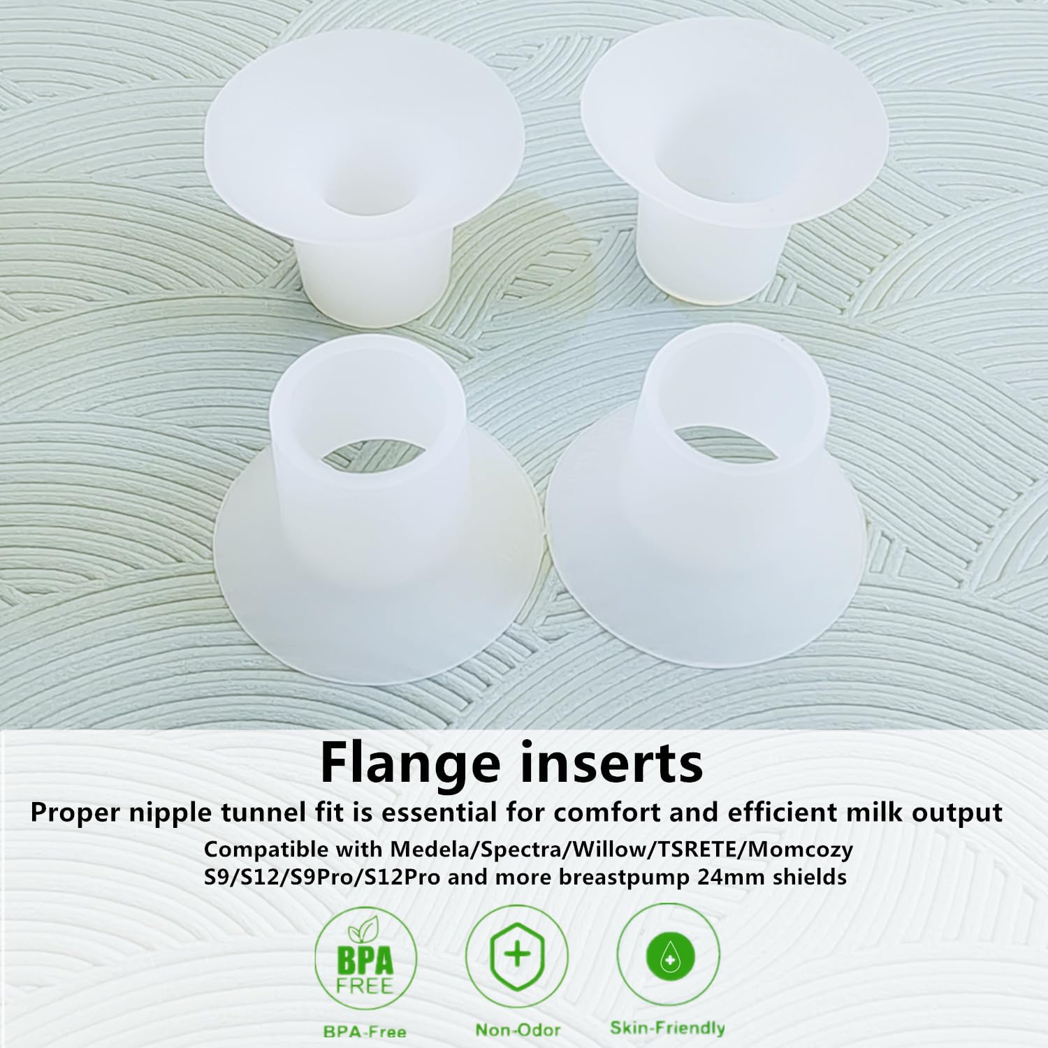 Flange Inserts Multi-Pack 19mm 21mm 4pcs Replaceable Option for Most 24mm Breast Pump Flange Size Reduction, PUM Part Silicone Inserts