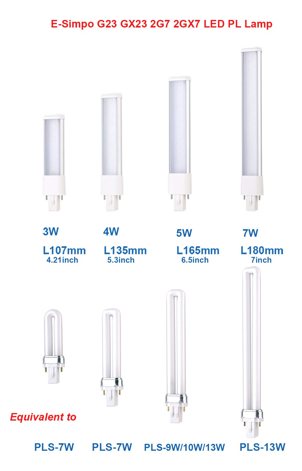 E-Simpo 2pcs G23 7W 7.1" LED Bulb PLS-13W Replacement G23d 2P Cold White 6000K LED PL Retrofit Horizontal Recessed Down Light Plug Play for INDUCTANCE/Magnetic Ballast (Cold White, 7inch/180mm 7W)