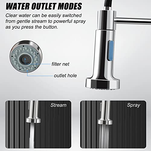 JIFEHO Spring Kitchen Sink Faucet, Household and Commercial Pull Down Type Pre-Rinse Faucet Features Spray & Stream Modes, High Arc Single Handle, 1 Hole Mount, Mix Hot & Cold Water, Chrome Finish