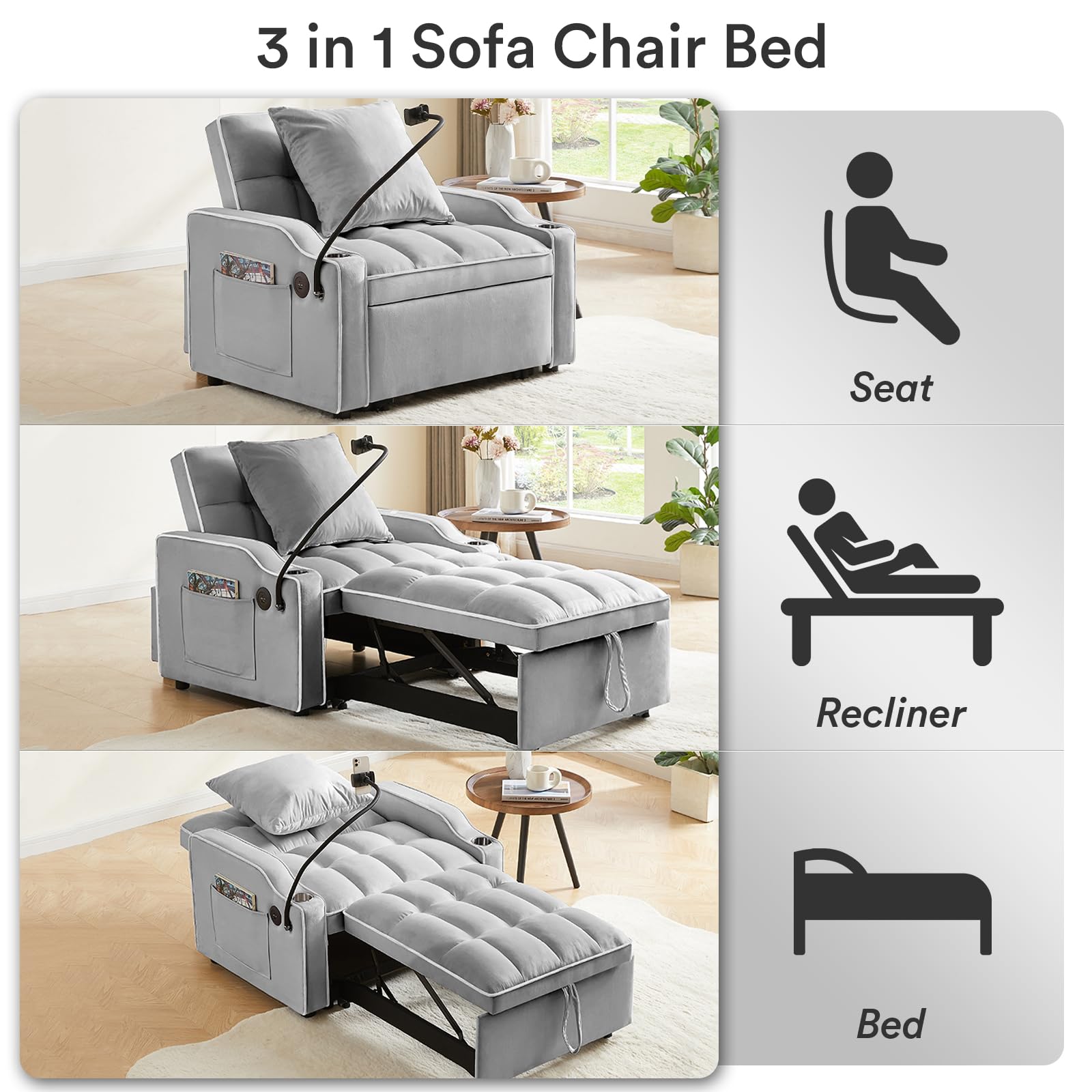 Rovibek 3 in 1 Convertible Sleeper Sofa Bed Pull Out Couch Futon Loveseat Velvet Chaise Lounge with 2 Pockets and 2 Pillows for Living Room, Twin Size, Grey