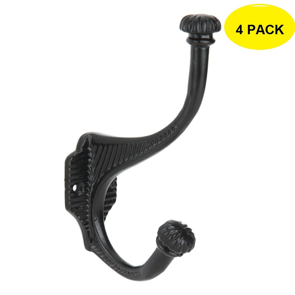 Set of 4 Heavy Duty Wall Mounted 6 Inch Double Coat Hooks in Black Powder Coat Finish Utility Solid Brass Decorative Hooks with Easy Installation Hardware