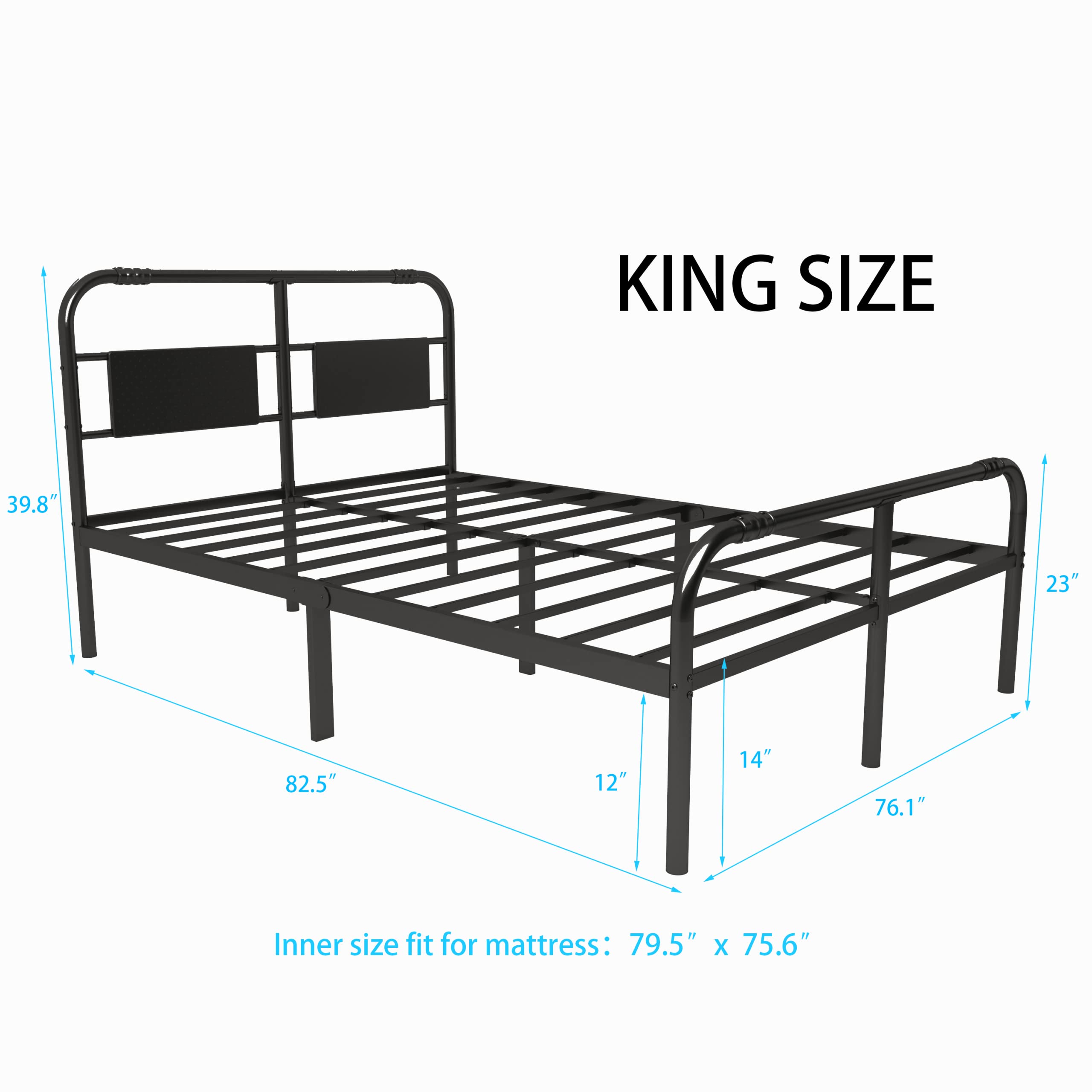 Emiosmt King Size Bed Frame with Headboard and Footboard 14 Inch Tall,2500lbs Heavy Duty Steel Slat Support Metal Platform,No Box Spring Needed,Noise Free,Round Tube,Bed Frame for King