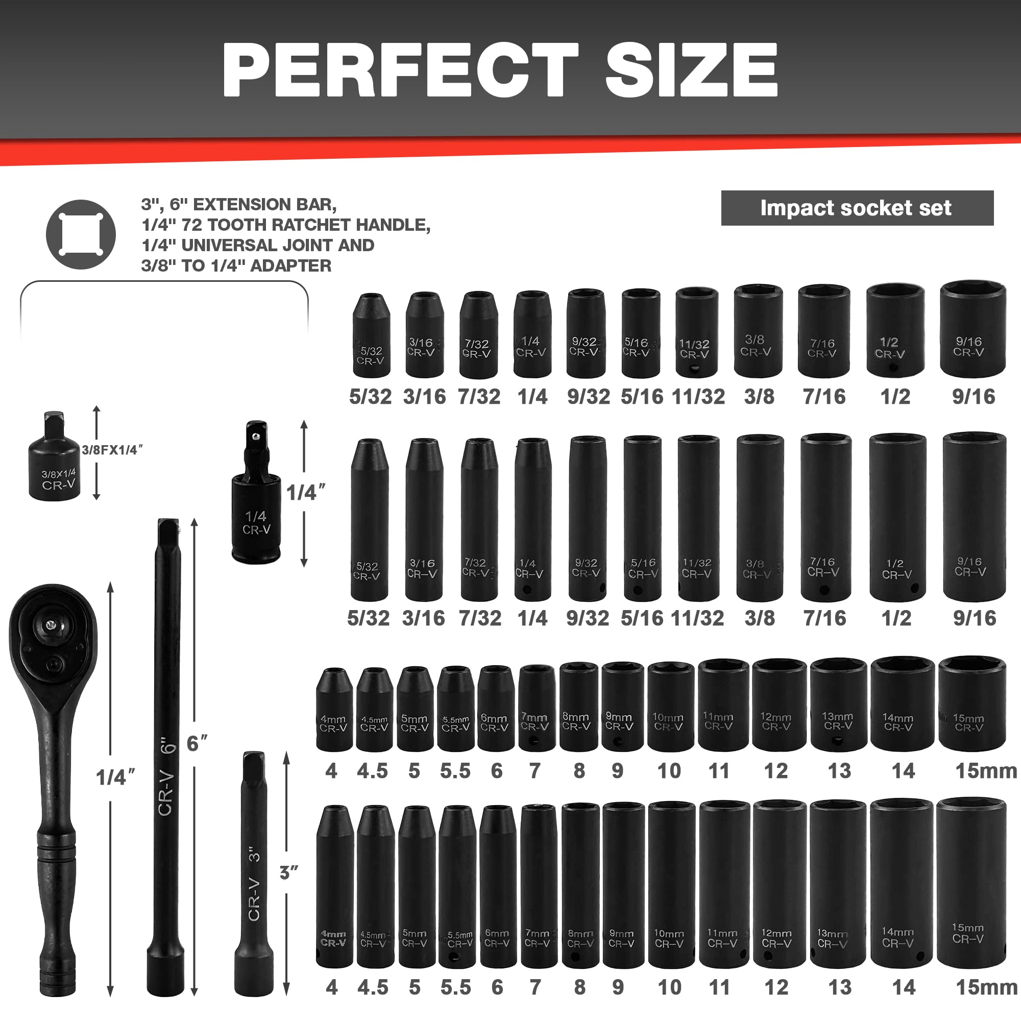 EACELIY 55pcs 1/4" Impact Socket Sets,SAE/Metric, Deep/Shallow, 6 Point,Cr-V Steel,(5/32"-9/16", 4-15mm) Sockets with 72 Tooth Ratchet,Extension bar,Universal Joint and Socket Adapter