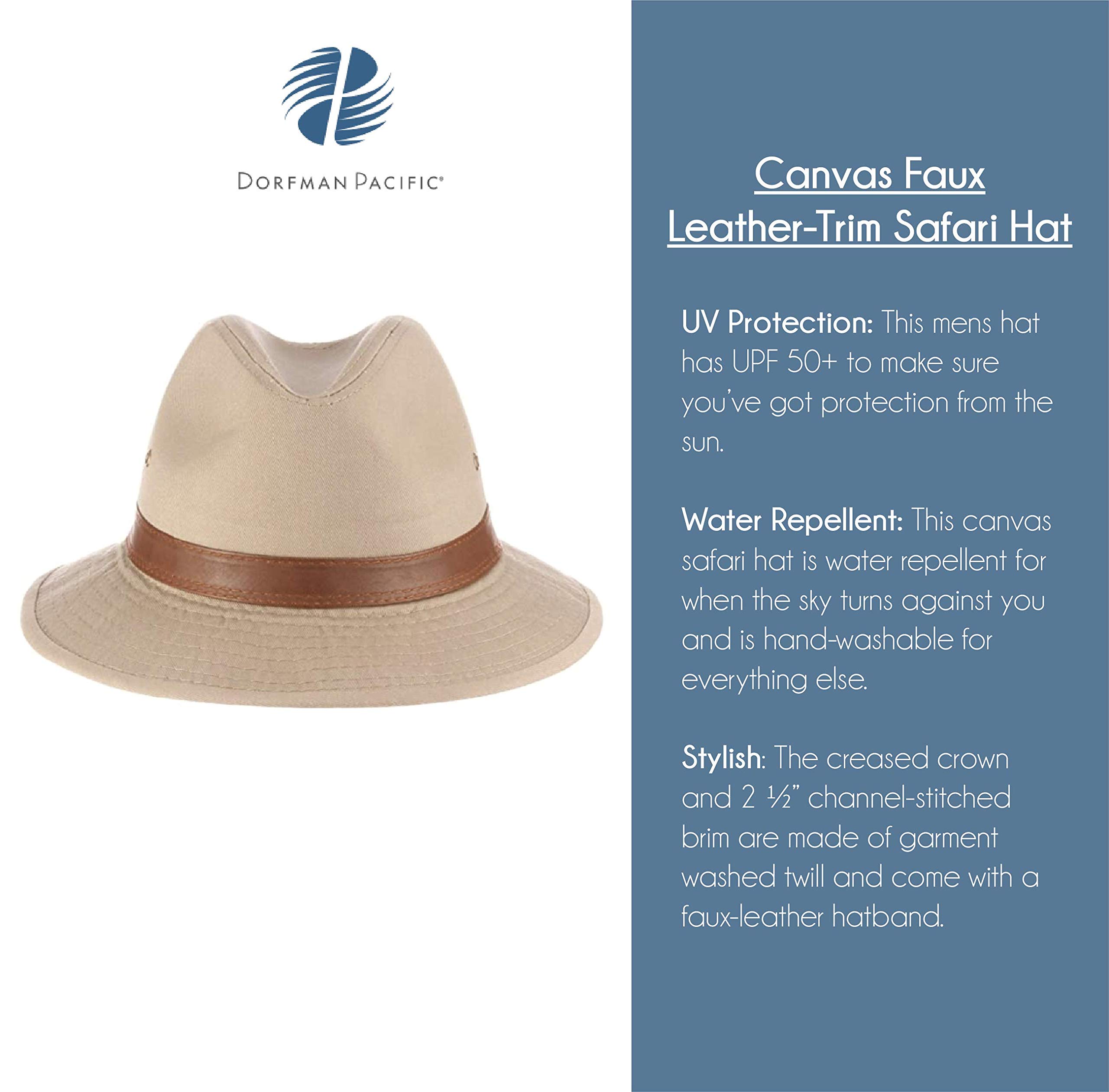 Dorfman Pacific Men's One-Piece Canvas Faux Leather-Trim Safari Hat,Bark,Large