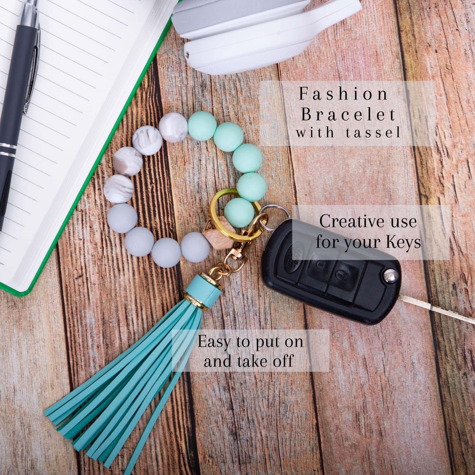 dizzy creek designs Keychain Bracelet, Women Silicone Beaded Bangle Key Ring Wristlet Leather Tassel