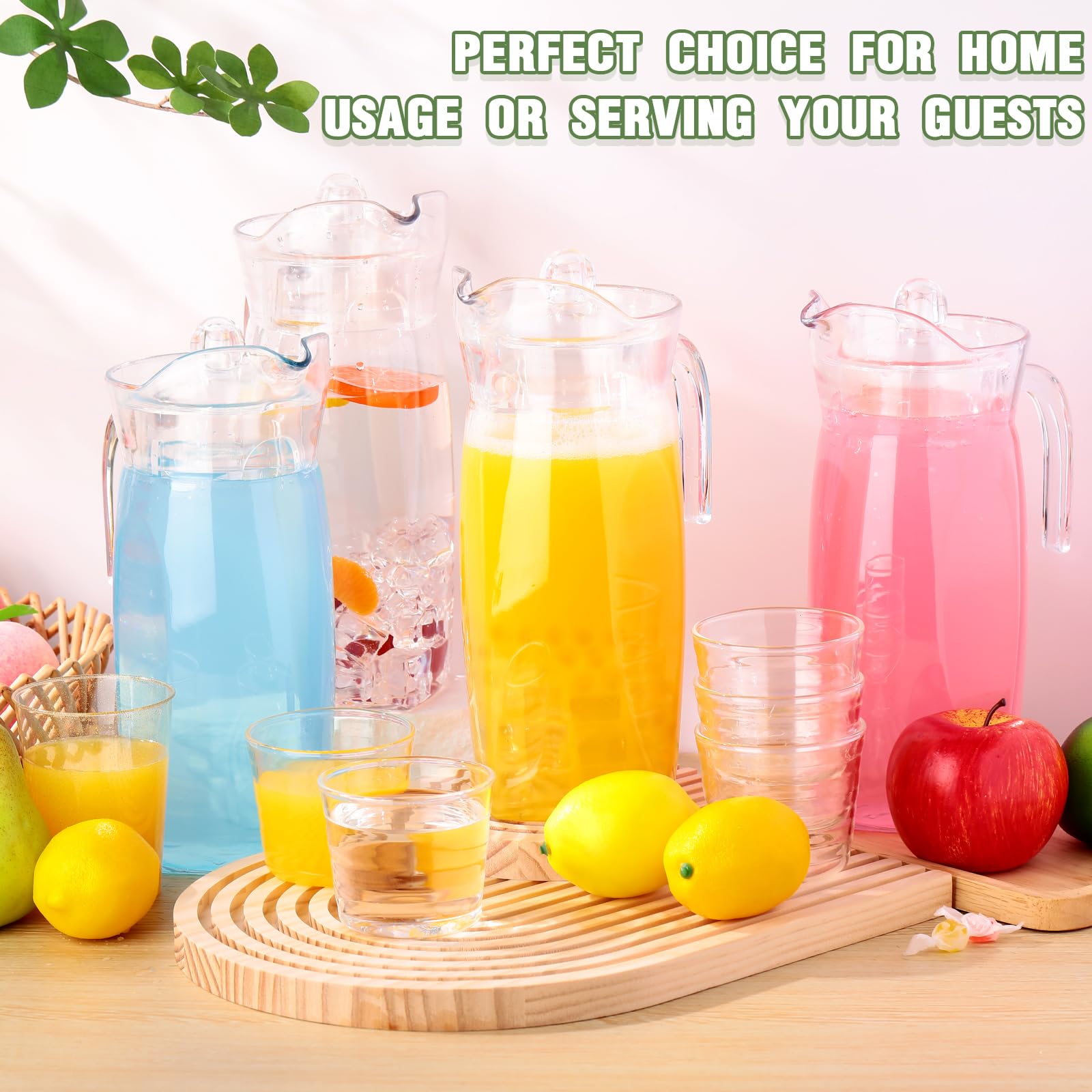 Didaey 4 Pack Acrylic Water Pitcher with Lid and Spout Handle Clear Plastic Pitcher Heat Resistant Plastic Carafe Unbreakable Beverage Container Fridge Jug for Juice Iced Tea Sangria Lemonade (44 oz)