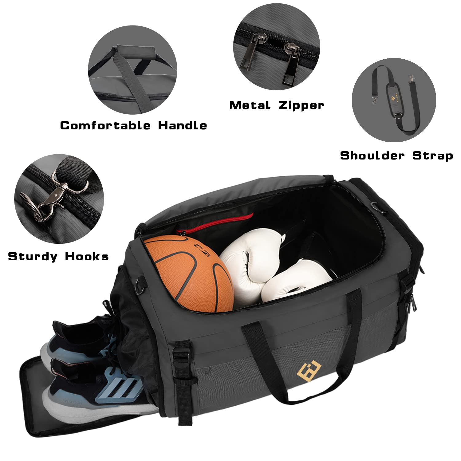 Eackrola Extra Large Sports Gym Bag, Travel Duffel bag with Wet Pocket & Shoes Compartment for men women, 85L, Lightweight (Gray)