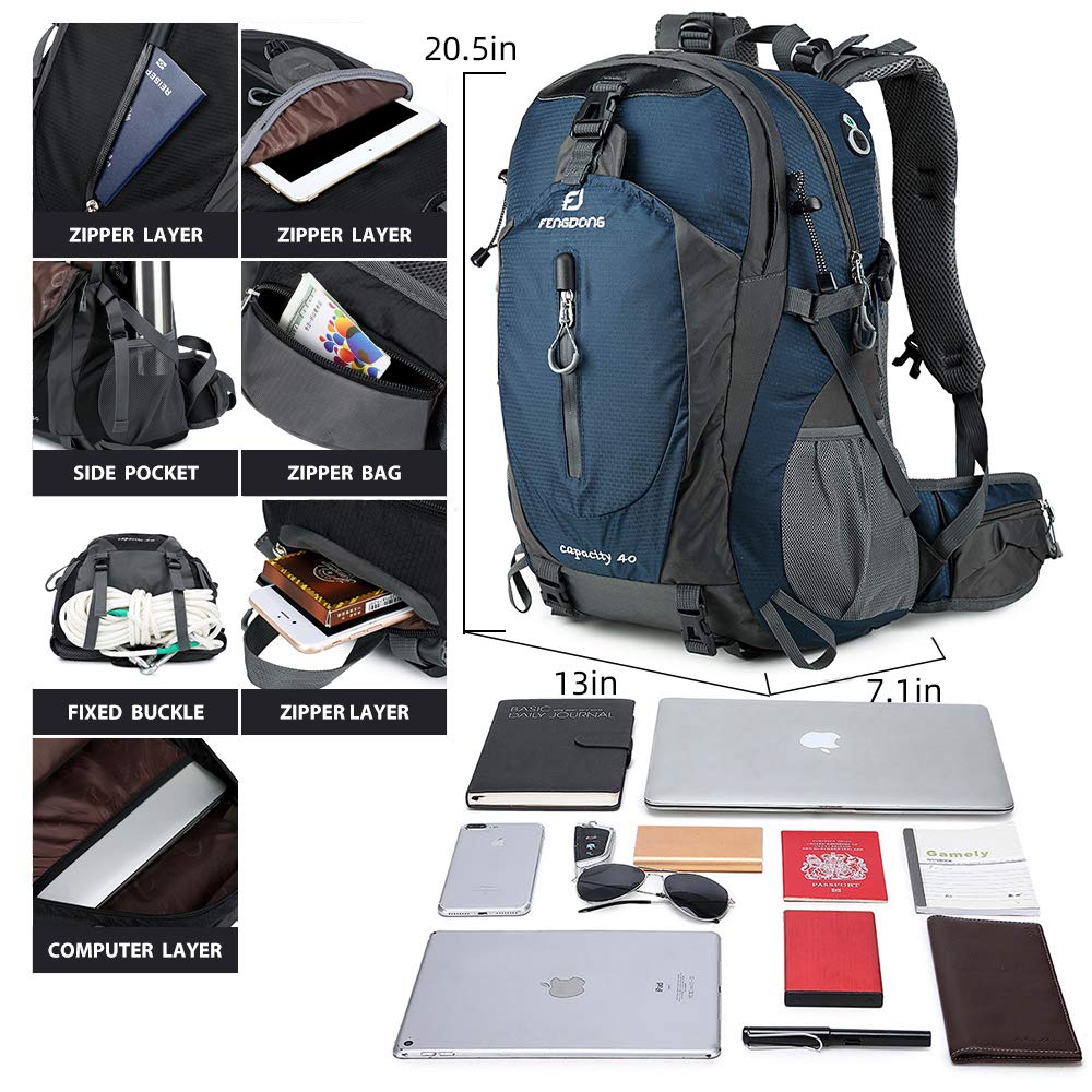 FENGDONG 50L Waterproof Lightweight Expandable Hiking,Camping,Travel Backpack with Shoes Compartment for Men Women Blue