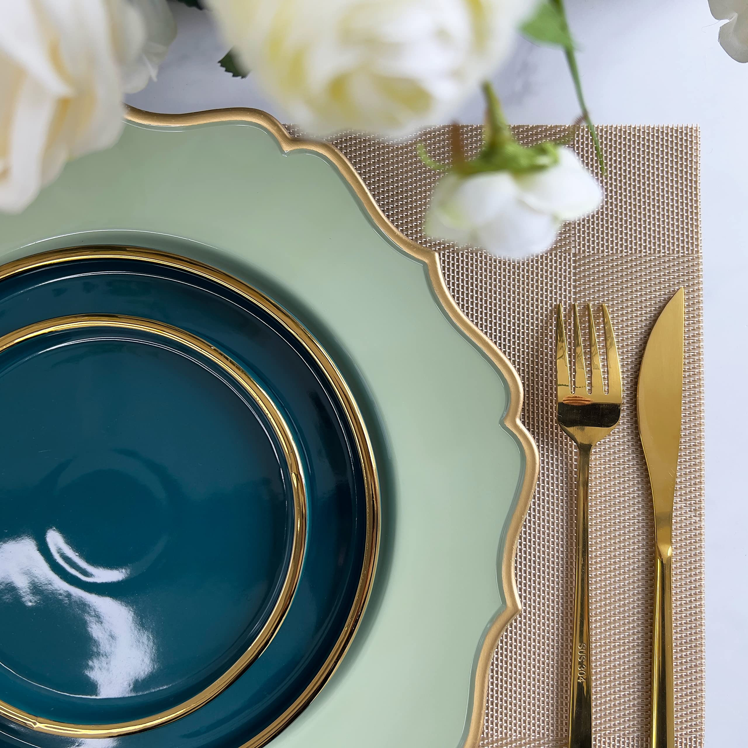 Henilosson Green Charger Plates Gold Trim - Classic Plate Chargers for Dinner Plates - Set of 6 Dinner Chargers(6,Green)