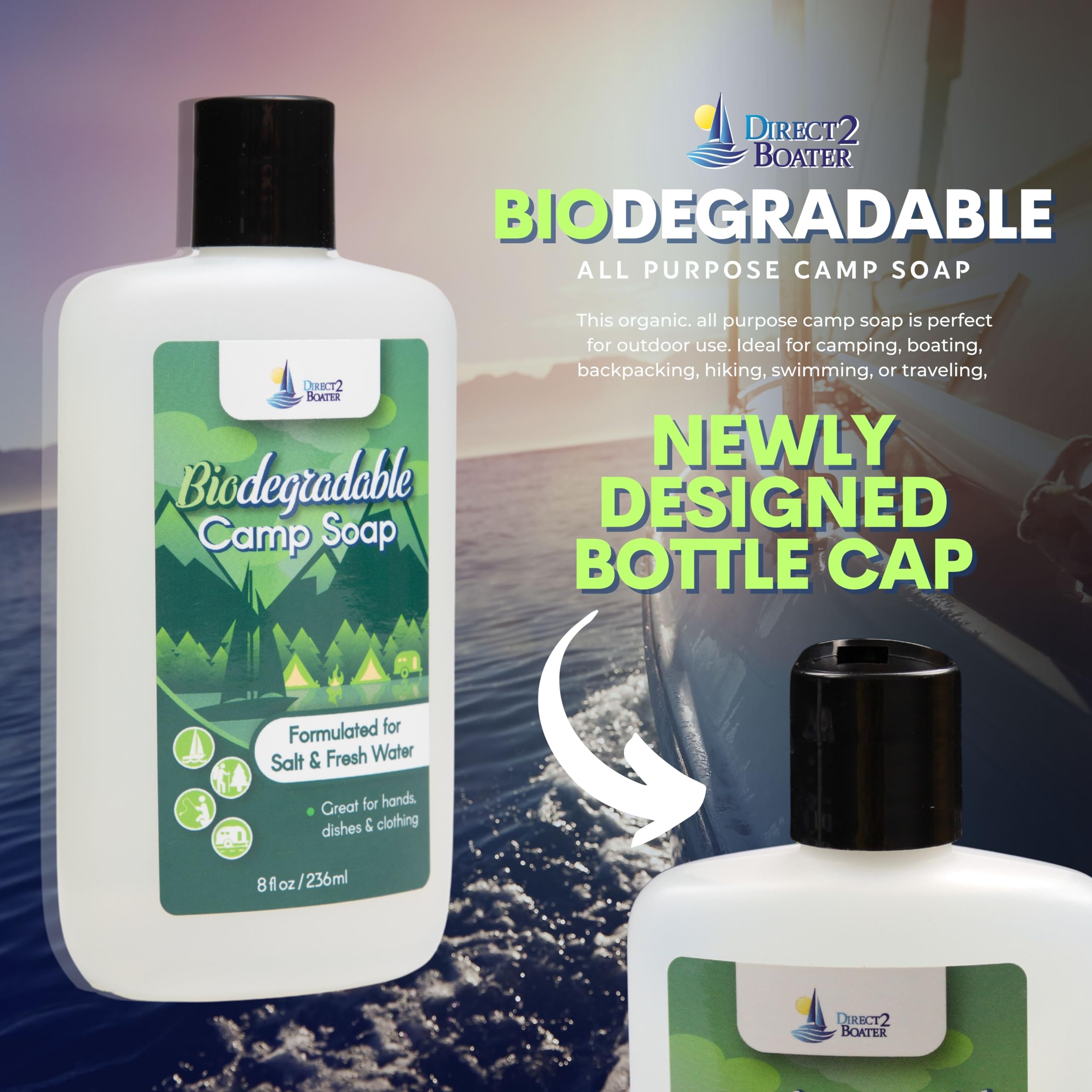 Direct 2 Boater Biodegradable Travel Camp Soap 8 Ounce (2 Pack) Portable Backpacking Soap with No Dies or Fragrances - Camping Clothe Cleaner - Camping Cookware Soap