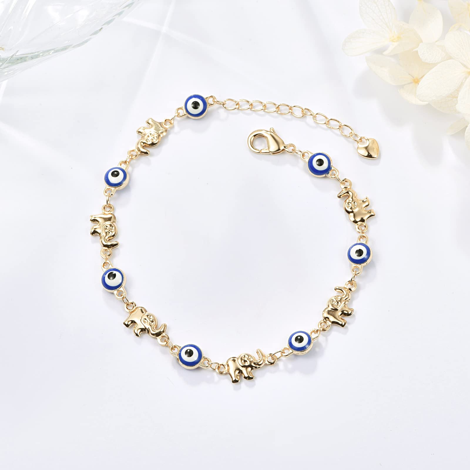Evil Eye Bracelets 14K Gold Plated Handmade Adjustable Link Chain Elephant Bracelet for Women Evil Eye Jewelry Gift
