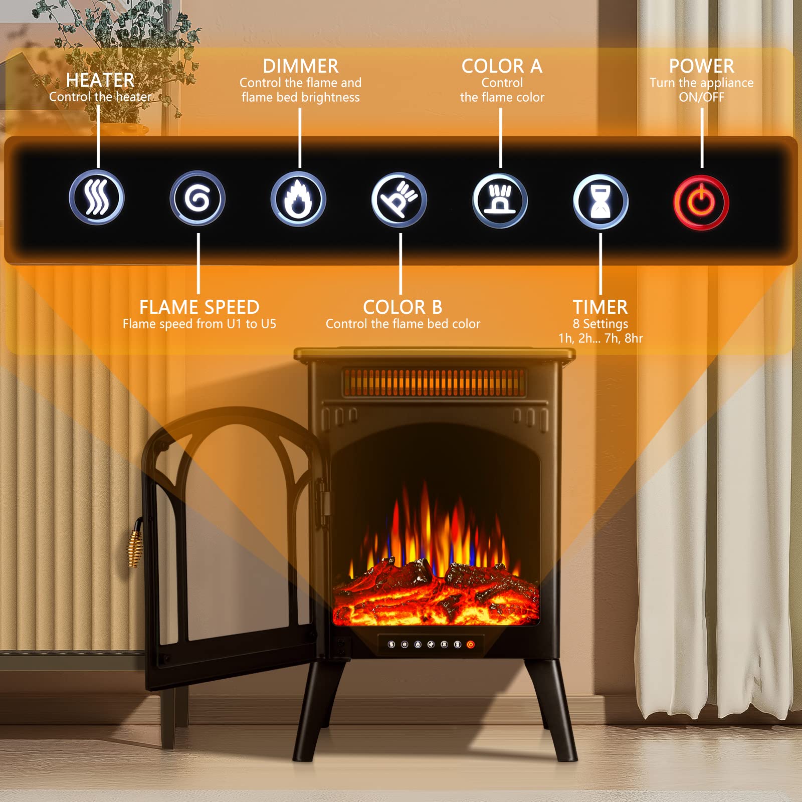 Electric Fireplace Heater 17inch Portable Electric Fireplace Heater Indoor,Black