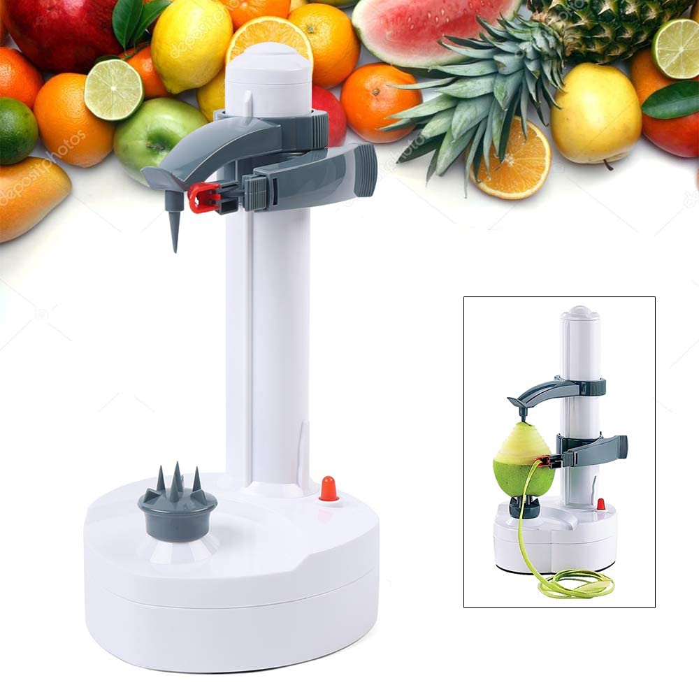 Electric Household Rotating Fruit Vegetable Peeler, White Multifunctional Electric Automatic Peeler Stainless Steel Electric Potato Peeler Machine Apple Paring Machine Kitchen Peeling Tool
