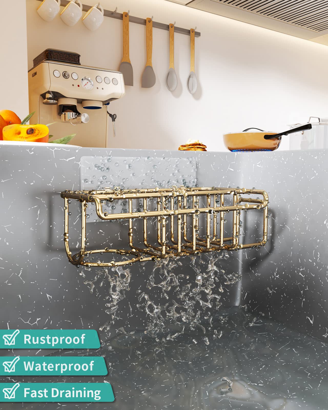 HapiRm Sponge Holder for Kitchen Sink, No Drill Sink Caddy Kitchen Sink Organizer, Rustproof Sink Sponge Holder- Gold(8.46 * 3.54 * 2.36in)