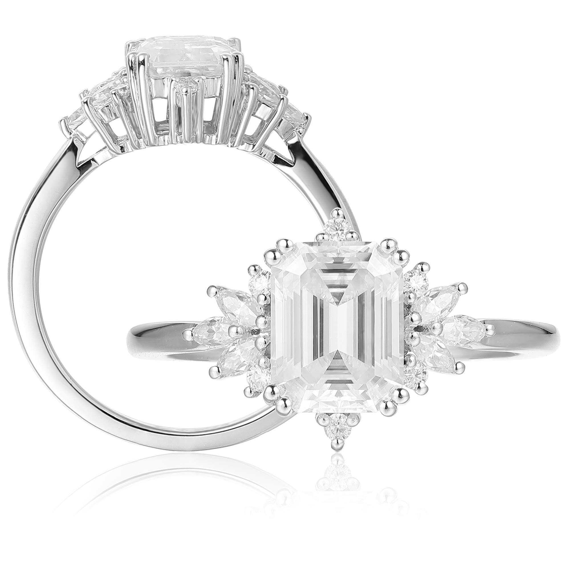 Esdomera Moissanite Engagement Rings 2.00ct Excellent Emerald Cut 6x8mm Moissanite Platinum Plated Silver Rings for Women (4)