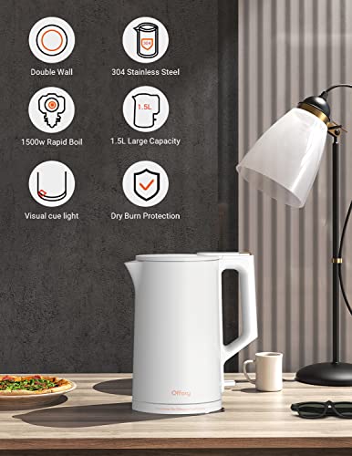 Electric Kettle, 304 Stainless Steel Interior, BPA-Free, Double Wall 1.5L Hot Water Boiler, 1500W Tea Kettle with Auto Shut-Off & Boil Dry Protection, Cordless Base & LED Indicator(White)