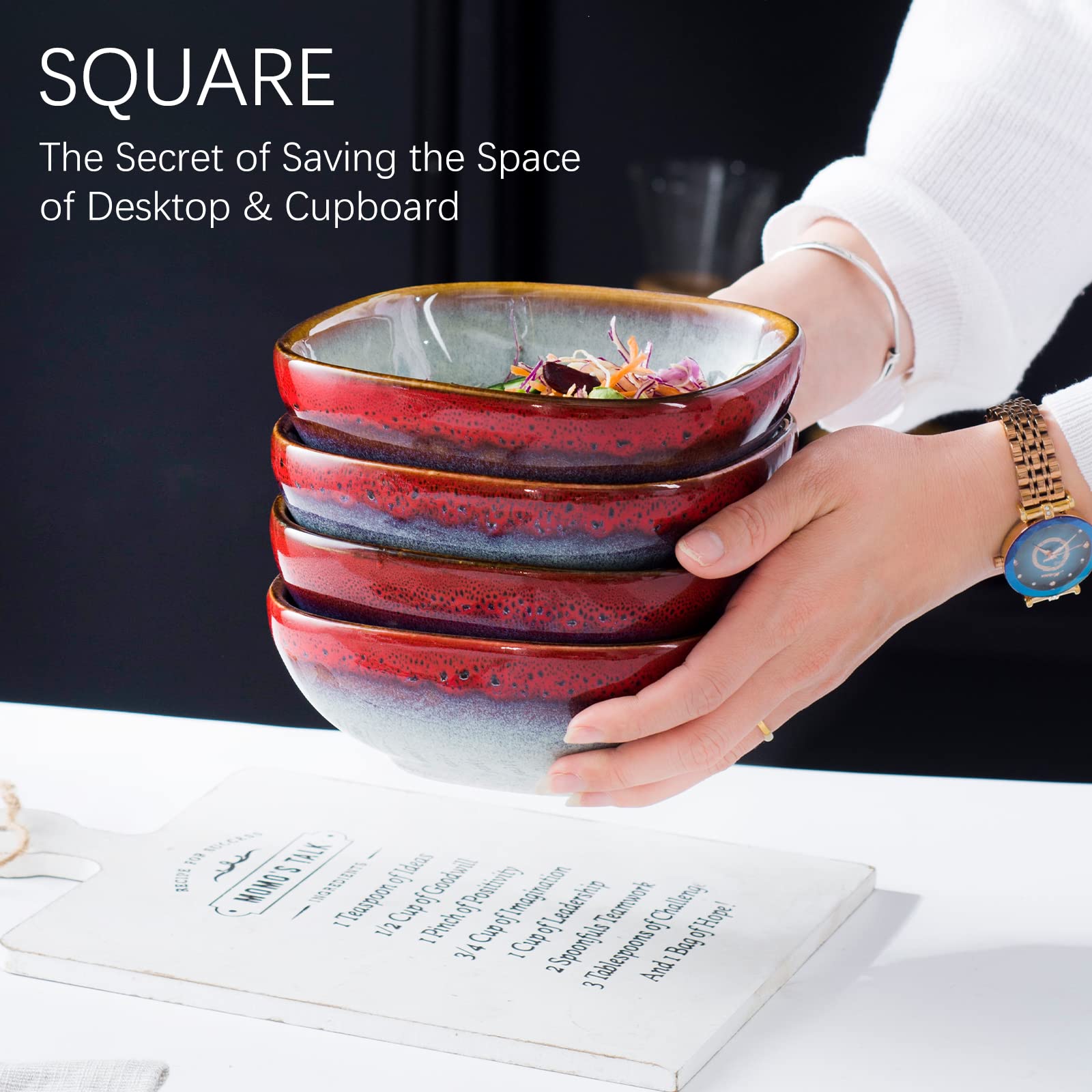 HENXFEN LEAD Ceramic Cereal Bowls, Square Serving Bowls 22 Oz for Side Dish, Appetizers, Salad - Oatmeal, Soup, Fruit Bowls Microwave Oven Safe, Set of 4 - Reactive Red