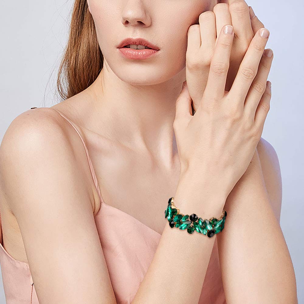 EleQueen Women's Austrian Crystal Teardrop Elastic Tennis Bracelets 2 Layer Marquise Cut Bridal Stretch Bracelet Emerald Gold-Tone