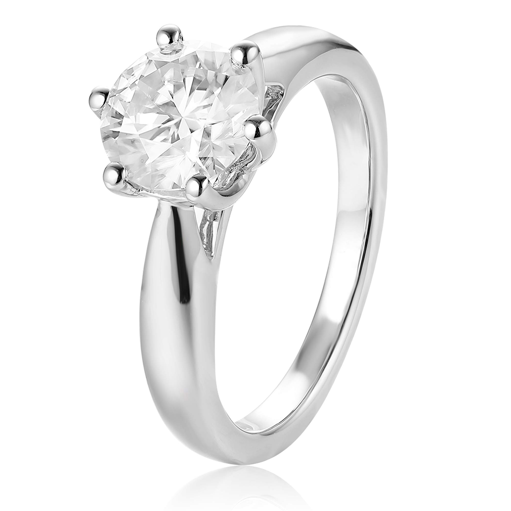 Esdomera Solitaire 6 Prongs 2.00ct Round Cut 8mm Moissanite Women's Engagement Ring in Platinum Plated Sterling Silver Proposal Ring (5.5)