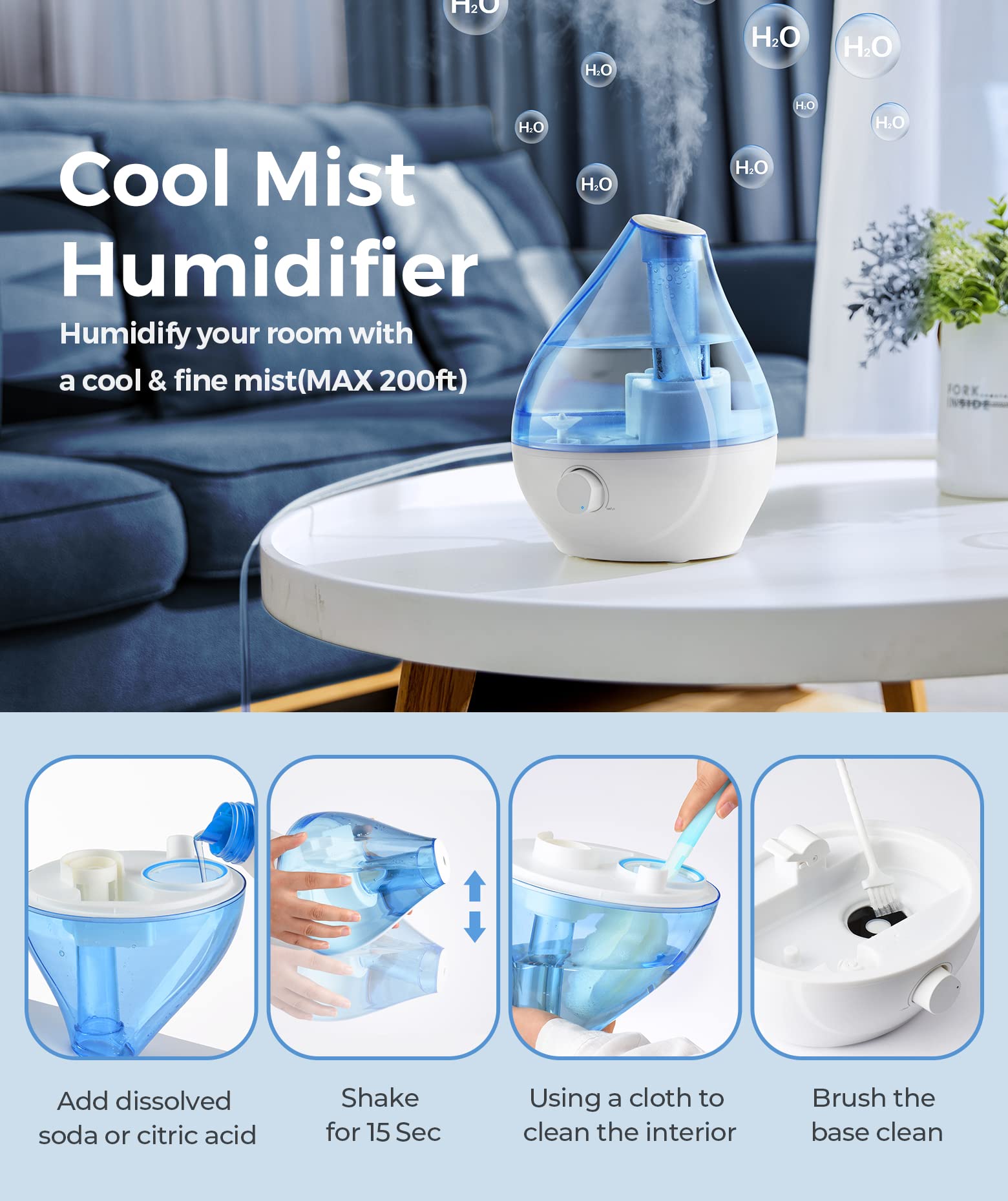 Humidifier for Bedroom, 1.6L Cool Mist Humidifier with Night Light, 22dB Quiet Humidifiers for Large Room, 360° Rotate Nozzle and Adjustable Mist, 24 Hrs Available Cool Mist, Easy to clean, Auto Off