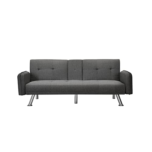 OYN Modern Futon Sofa Loveseat Convertible Sleeper Couch Bed Futonbed for Living Room Apartment Small Space Furniture Sets with 2 Cup Holders,Metal Legs, Removable Soft Square Armrest,Dark Gray