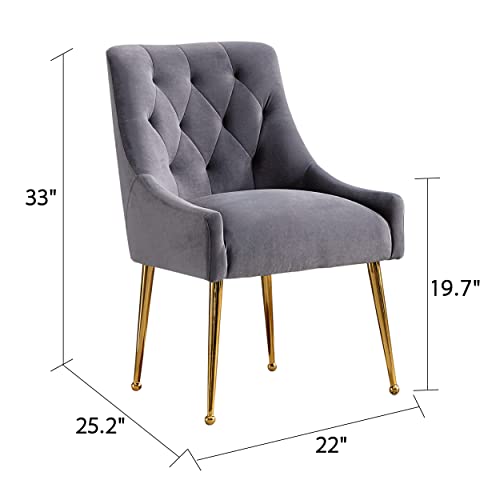 KINWELL Upholstered Dining Chairs Set of 2, Modern Accent Side Chair with Tufted Back and Pull Handle, Velvet Armchair Desk Chair with Gold Metal Legs for Living Room, Home Office,Vanity (Gray)