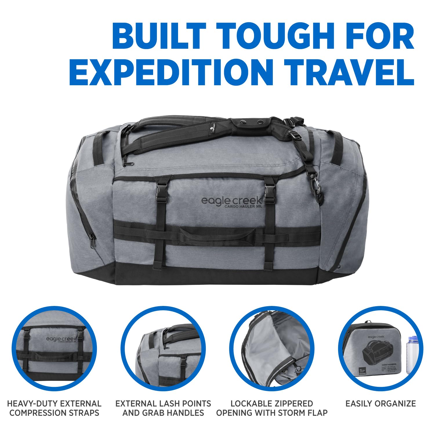 Eagle Creek Cargo Hauler 40L Folding Duffle Bag for Travel - Durable and Water-Resistant, with Tuck-Away Backpack Straps, U-Lid & Quick-Access End Pockets, Arctic Seagreen