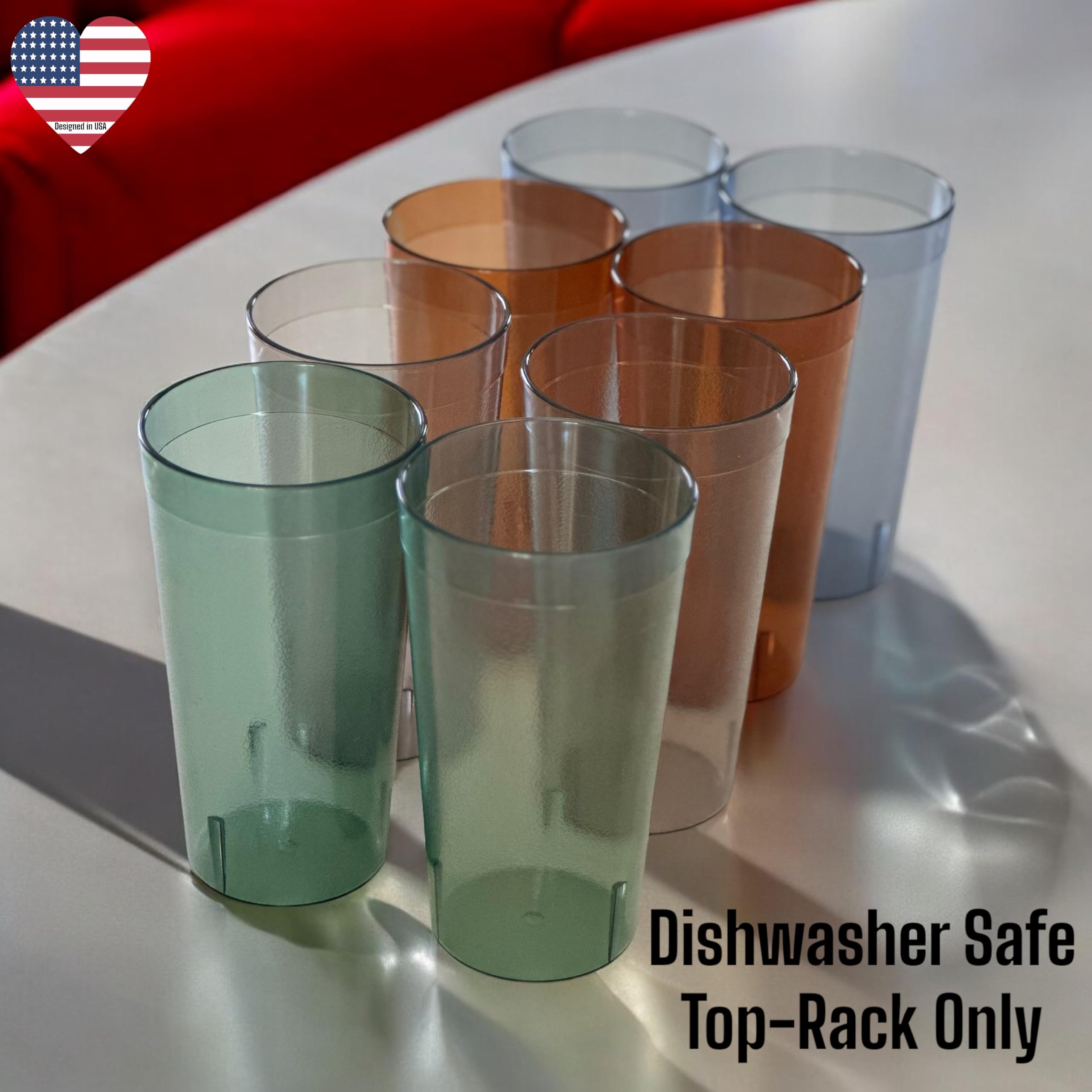 Oojami 20-ounce Plastic Reusable Tumblers, Assorted Colors Water Cups, Restaurant Style Drinking Glasses Set, Stackable, BPA-Free, Shatterproof, Top-Rack Dishwasher Safe (8, Earthy Elegance)
