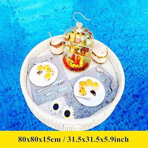 Floating Tray Floating Serving Tray Round Rattan Woven Swimming Pool Floats for Pool Serving Drinks, Brunch, Food On The Water,Brown (Color : White)